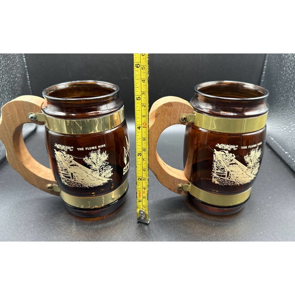 Dining | Vintage Souvenir Six Flags Amber Glass Mug Wood Handle Mine ...